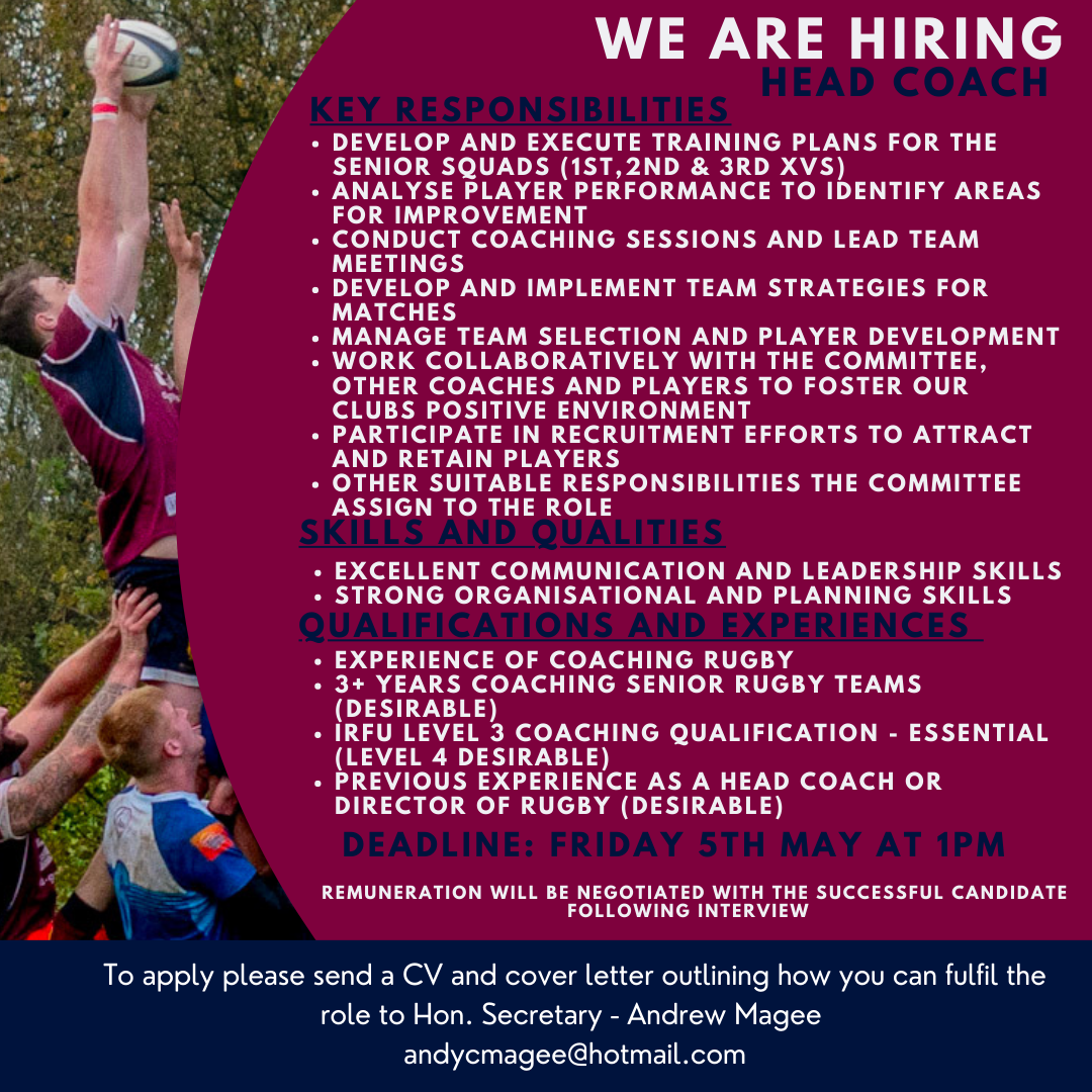 🦉Head Coach – Vacancy🦉 – Academy Rugby Football Club